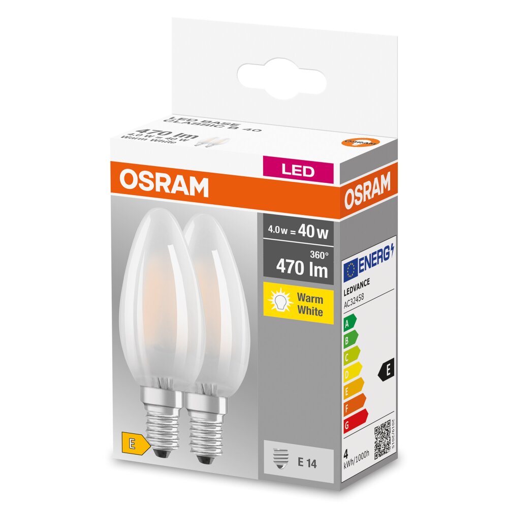 OSRAM CLASSIC B Set of 2 LED E14 4 Watt 2700 Kelvin 470 Lumen 4058075803930 | illumination.co.uk