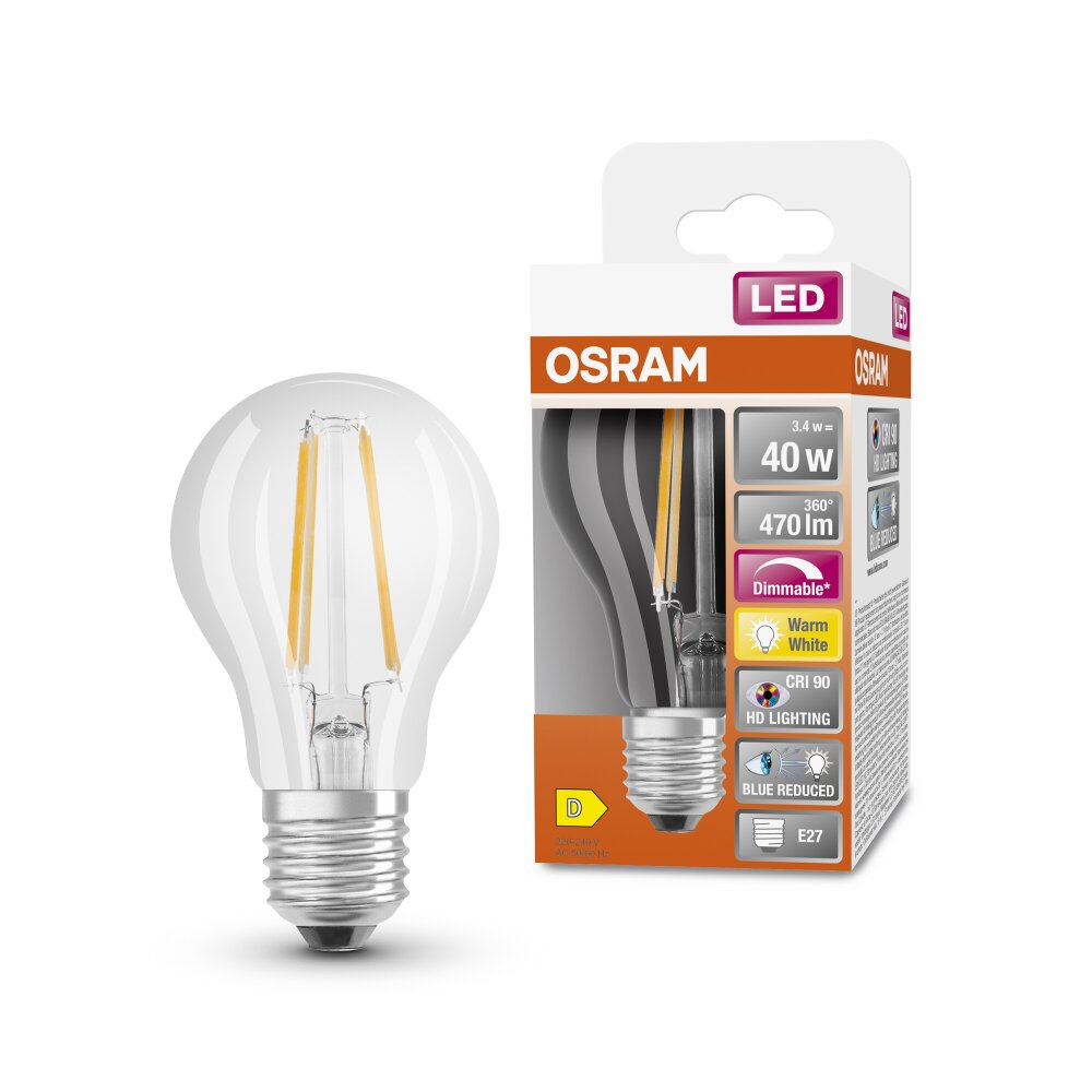 Osram lights E27 LED 3.4 Watt warm-white dimmable 470 Lumen 4099854084010 | illumination.co.uk